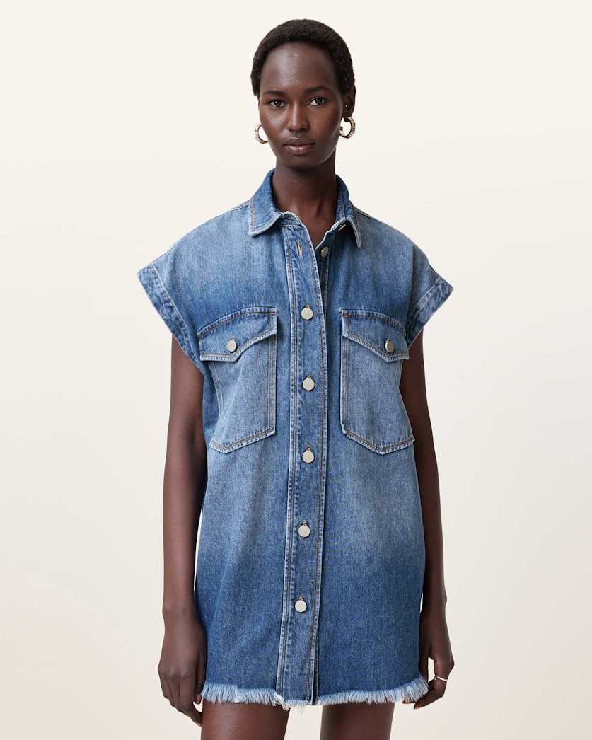 Faye Oversized Denim Shacket Dress Mid Indigo | ALLSAINTS
